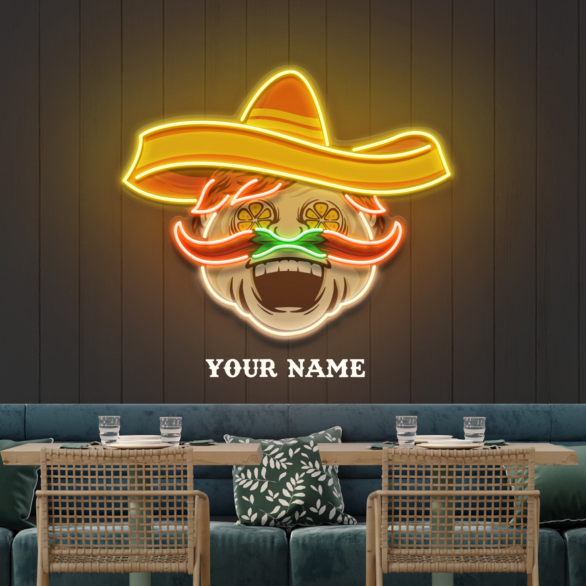 Custom Name Mexican Chef Cook Sombrero With Chili Decor Artwork Led Ne