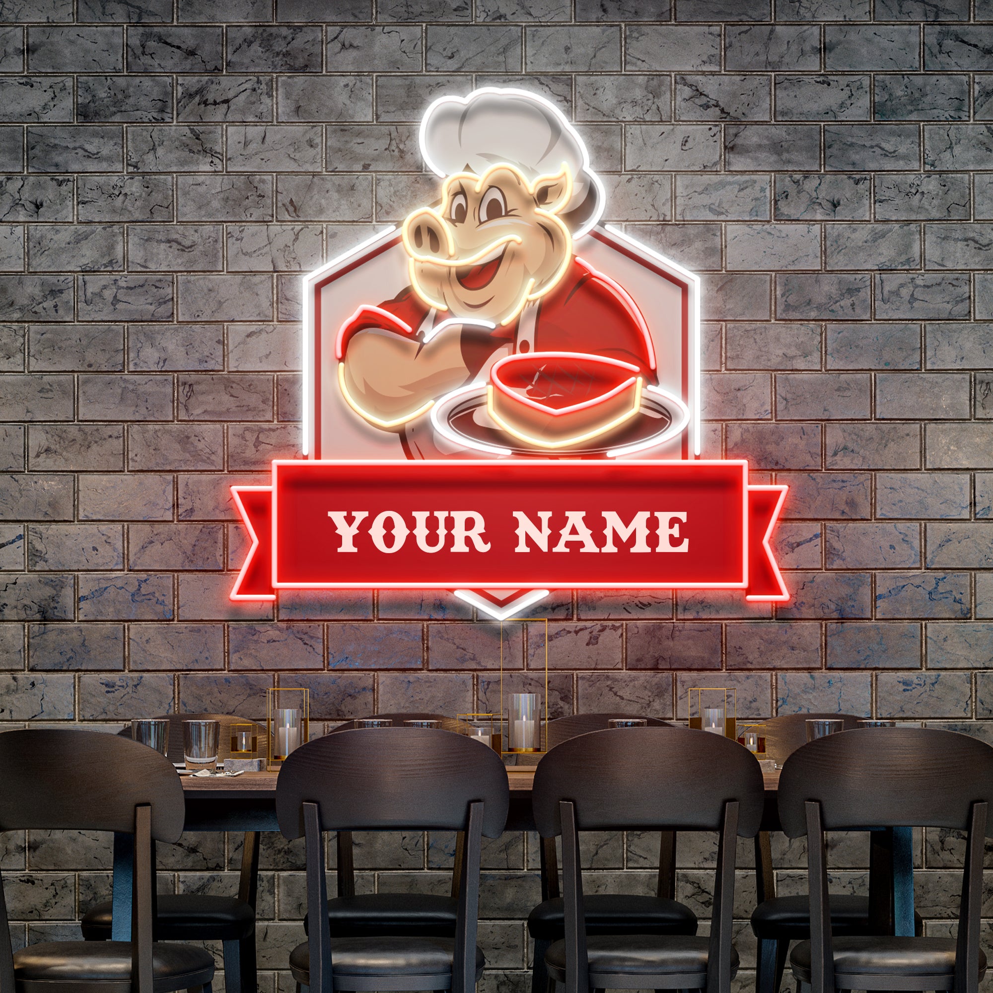 Custom Name Pig With Meat Dishes For BBQ Restaurants Artwork Led Neon